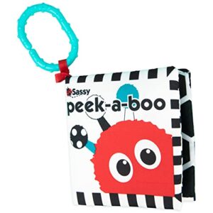 sassy peek-a-boo activity book with attachable link for on-the-go travel | black & white | for ages newborn and up