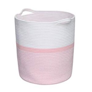 Pink Cotton Rope Laundry Basket with Handles Woven Portable Basket Cute Pink Nursery Blanket Storage Basket for Girl Clothes Hamper Home Decor Basket