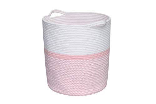 Pink Cotton Rope Laundry Basket with Handles Woven Portable Basket Cute Pink Nursery Blanket Storage Basket for Girl Clothes Hamper Home Decor Basket