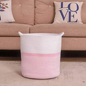 Pink Cotton Rope Laundry Basket with Handles Woven Portable Basket Cute Pink Nursery Blanket Storage Basket for Girl Clothes Hamper Home Decor Basket