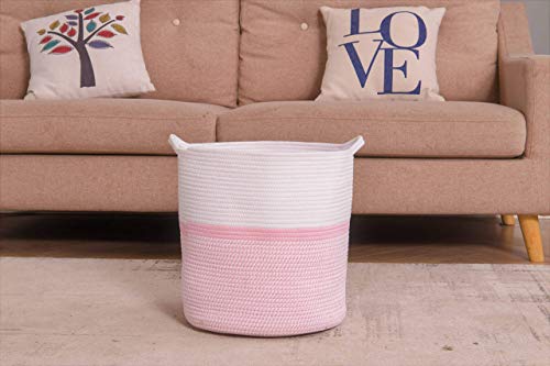 Pink Cotton Rope Laundry Basket with Handles Woven Portable Basket Cute Pink Nursery Blanket Storage Basket for Girl Clothes Hamper Home Decor Basket