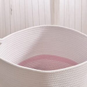 Pink Cotton Rope Laundry Basket with Handles Woven Portable Basket Cute Pink Nursery Blanket Storage Basket for Girl Clothes Hamper Home Decor Basket