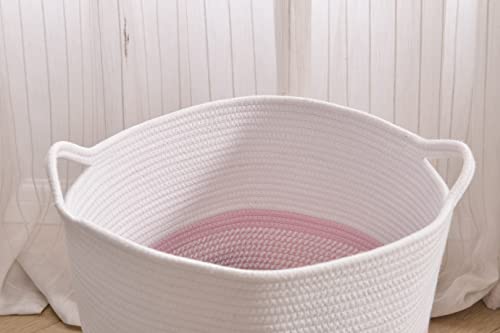 Pink Cotton Rope Laundry Basket with Handles Woven Portable Basket Cute Pink Nursery Blanket Storage Basket for Girl Clothes Hamper Home Decor Basket