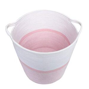 Pink Cotton Rope Laundry Basket with Handles Woven Portable Basket Cute Pink Nursery Blanket Storage Basket for Girl Clothes Hamper Home Decor Basket