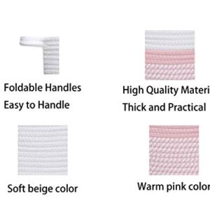 Pink Cotton Rope Laundry Basket with Handles Woven Portable Basket Cute Pink Nursery Blanket Storage Basket for Girl Clothes Hamper Home Decor Basket