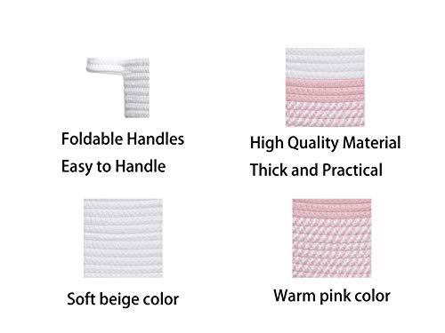 Pink Cotton Rope Laundry Basket with Handles Woven Portable Basket Cute Pink Nursery Blanket Storage Basket for Girl Clothes Hamper Home Decor Basket