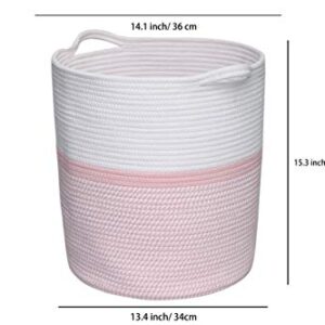 Pink Cotton Rope Laundry Basket with Handles Woven Portable Basket Cute Pink Nursery Blanket Storage Basket for Girl Clothes Hamper Home Decor Basket