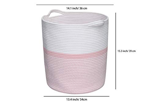 Pink Cotton Rope Laundry Basket with Handles Woven Portable Basket Cute Pink Nursery Blanket Storage Basket for Girl Clothes Hamper Home Decor Basket