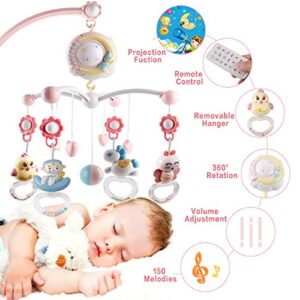 BOBXIN Baby Musical Crib Mobile with Projector and Night Light,150 Music,Timing Function,Take Along Mobile Music Box and Rattle,Gift for Toddles(with Bibs)