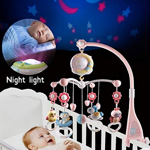 BOBXIN Baby Musical Crib Mobile with Projector and Night Light,150 Music,Timing Function,Take Along Mobile Music Box and Rattle,Gift for Toddles(with Bibs)