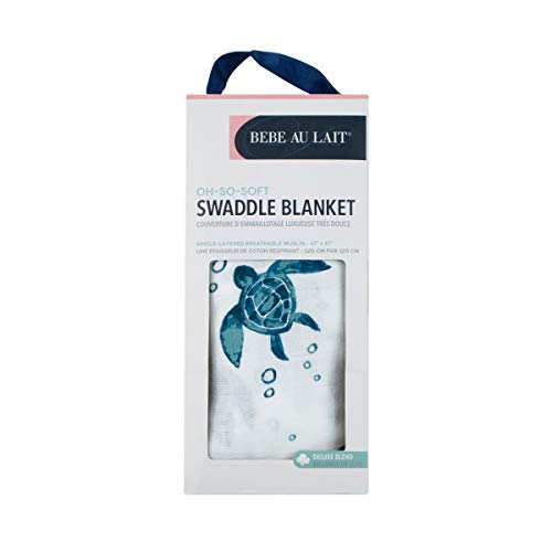 Bebe au Lait Oh So Soft Muslin Swaddle Blanket, Soft Muslin Design, Stylish Pattern - Sea Turtles , 47x47 Inch (Pack of 2)