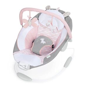 ingenuity soothing baby bouncer infant seat with vibrations, -toy bar & sounds, 0-6 months up to 20 lbs (pink flora the unicorn)