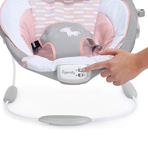 Ingenuity Soothing Baby Bouncer Infant Seat with Vibrations, -Toy Bar & Sounds, 0-6 Months Up to 20 lbs (Pink Flora the Unicorn)