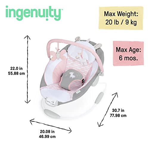 Ingenuity Soothing Baby Bouncer Infant Seat with Vibrations, -Toy Bar & Sounds, 0-6 Months Up to 20 lbs (Pink Flora the Unicorn)