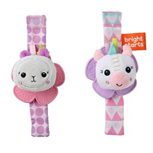 bright starts rattle & teethe wrist pals toy, unicorn & llama, newborn+, 2 count