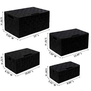 KEDSUM Woven Storage Baskets Boxes Bins, Storage Baskets with Lids, Woven Strap Baskets, Nylon Woven Storage Baskets Bin, Built-in Carry Handles (Black Set of 4)