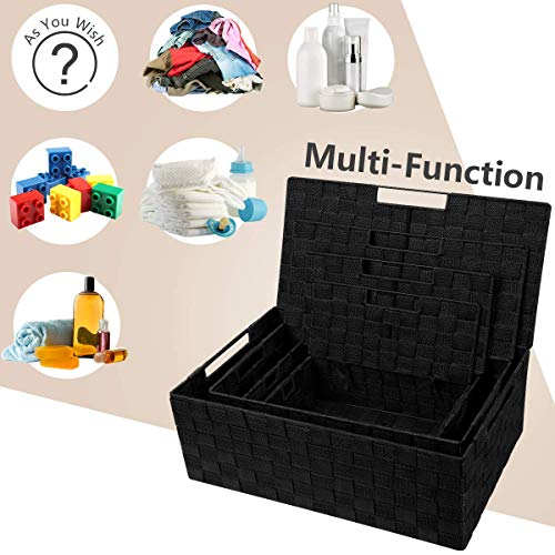 KEDSUM Woven Storage Baskets Boxes Bins, Storage Baskets with Lids, Woven Strap Baskets, Nylon Woven Storage Baskets Bin, Built-in Carry Handles (Black Set of 4)