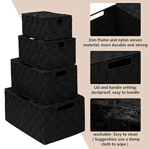 KEDSUM Woven Storage Baskets Boxes Bins, Storage Baskets with Lids, Woven Strap Baskets, Nylon Woven Storage Baskets Bin, Built-in Carry Handles (Black Set of 4)