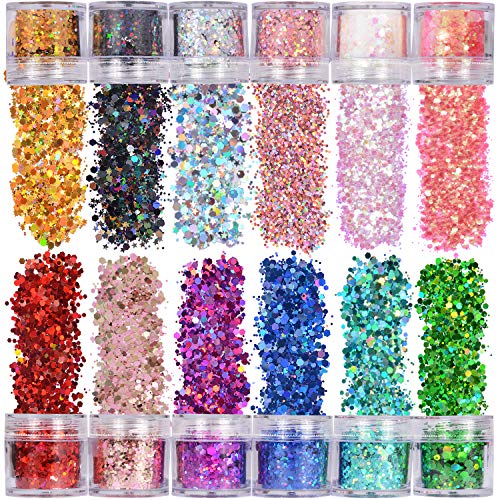 Warmfits Holographic Chunky Glitter 12 Colors Total 120g Face Body Eye Hair Nail Festival Chunky Holographic Glitter Different Size Stars and Hexagons Shaped (Set A)