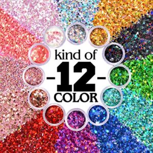 Warmfits Holographic Chunky Glitter 12 Colors Total 120g Face Body Eye Hair Nail Festival Chunky Holographic Glitter Different Size Stars and Hexagons Shaped (Set A)