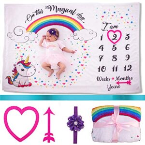 baby monthly milestone blanket, cute unicorn design | thick fleece for new mom | newborn baby age blanket for girls | photography prop background blanket