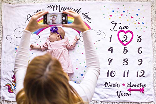 Baby Monthly Milestone Blanket, Cute Unicorn Design | Thick Fleece for New Mom | Newborn Baby Age Blanket for Girls | Photography Prop Background Blanket