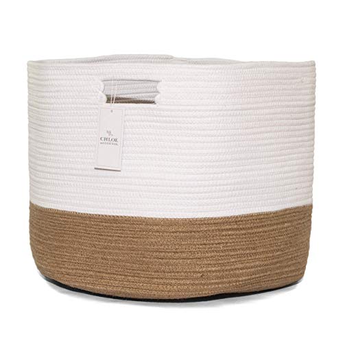 Chloe and Cotton XXXL Extra Large Woven Rope Storage Basket 15 x 21 inch Jute White Handles | Decorative Laundry Clothes Hamper, Blanket, Towel, Baby Nursery Diaper, Toy Bin Cute Collapsible Organizer