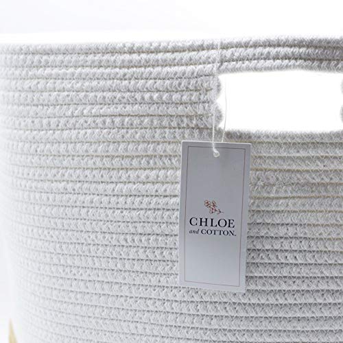 Chloe and Cotton XXXL Extra Large Woven Rope Storage Basket 15 x 21 inch Jute White Handles | Decorative Laundry Clothes Hamper, Blanket, Towel, Baby Nursery Diaper, Toy Bin Cute Collapsible Organizer