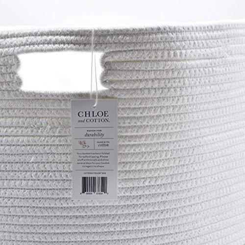 Chloe and Cotton XXXL Extra Large Woven Rope Storage Basket 15 x 21 inch Jute White Handles | Decorative Laundry Clothes Hamper, Blanket, Towel, Baby Nursery Diaper, Toy Bin Cute Collapsible Organizer