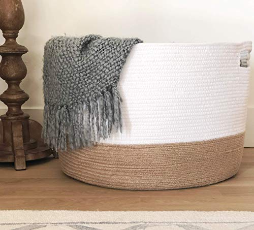 Chloe and Cotton XXXL Extra Large Woven Rope Storage Basket 15 x 21 inch Jute White Handles | Decorative Laundry Clothes Hamper, Blanket, Towel, Baby Nursery Diaper, Toy Bin Cute Collapsible Organizer