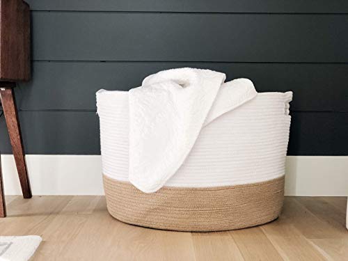 Chloe and Cotton XXXL Extra Large Woven Rope Storage Basket 15 x 21 inch Jute White Handles | Decorative Laundry Clothes Hamper, Blanket, Towel, Baby Nursery Diaper, Toy Bin Cute Collapsible Organizer