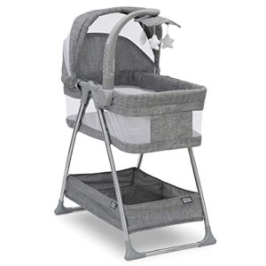 simmons kids city sleeper bedside bassinet portable crib - activity mobile arm with nightlight, vibrations, twinkle lights and rotating stars, grey tweed