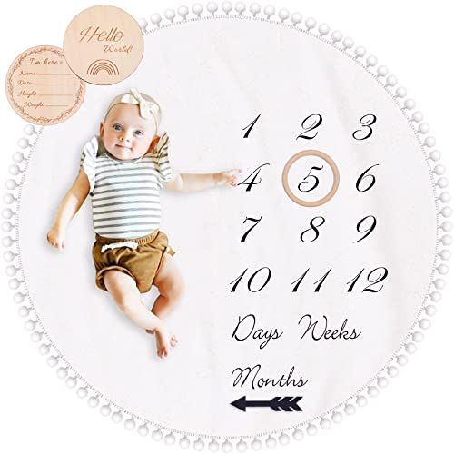 Baby Milestone Monthly Blanket with Double-Sided Milestone Cards and Circle Ring Play Mat Large(43.3" X43.3') Double Sided Pom Pom Ball Thick Flannel Round Rug for Boy Girl, Baby Photography Props