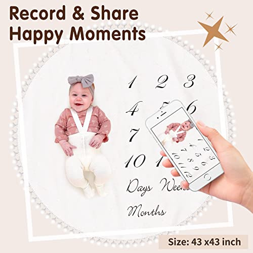 Baby Milestone Monthly Blanket with Double-Sided Milestone Cards and Circle Ring Play Mat Large(43.3" X43.3') Double Sided Pom Pom Ball Thick Flannel Round Rug for Boy Girl, Baby Photography Props