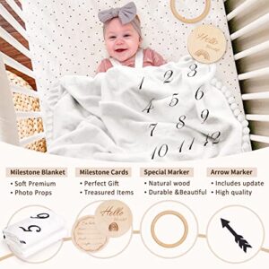 Baby Milestone Monthly Blanket with Double-Sided Milestone Cards and Circle Ring Play Mat Large(43.3" X43.3') Double Sided Pom Pom Ball Thick Flannel Round Rug for Boy Girl, Baby Photography Props