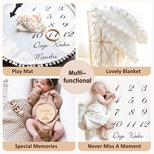 Baby Milestone Monthly Blanket with Double-Sided Milestone Cards and Circle Ring Play Mat Large(43.3" X43.3') Double Sided Pom Pom Ball Thick Flannel Round Rug for Boy Girl, Baby Photography Props