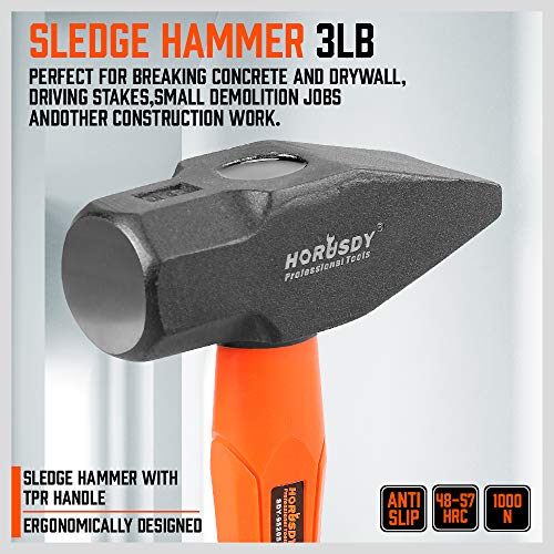 HORUSDY 5-Piece Hammer Set, 16oz Ball Pein Hammer | 32oz Ball Pein Hammer | 32oz Rubber Mallet | 3lb Sledge Hammer | 3lbCross Peen Hammer