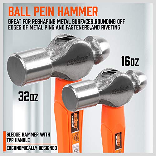 HORUSDY 5-Piece Hammer Set, 16oz Ball Pein Hammer | 32oz Ball Pein Hammer | 32oz Rubber Mallet | 3lb Sledge Hammer | 3lbCross Peen Hammer