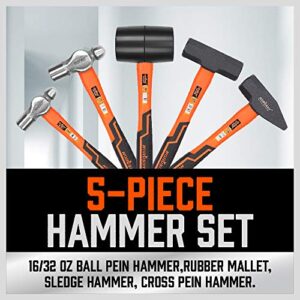 HORUSDY 5-Piece Hammer Set, 16oz Ball Pein Hammer | 32oz Ball Pein Hammer | 32oz Rubber Mallet | 3lb Sledge Hammer | 3lbCross Peen Hammer