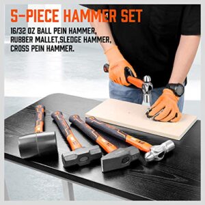 HORUSDY 5-Piece Hammer Set, 16oz Ball Pein Hammer | 32oz Ball Pein Hammer | 32oz Rubber Mallet | 3lb Sledge Hammer | 3lbCross Peen Hammer