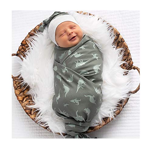 giggle angel Baby Boy Receiving Blanket Swaddle Blanket Newborn Wrap Sack Headband Set -Dinosaur Pattern