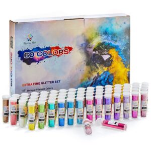 extra fine glitter set of 60 vibrant colors | color powder in leak-proof shaker jars (0.32oz/9g) | arts & crafts glitter kit glows under uv light | use for projects, slime, nails, body, face & more