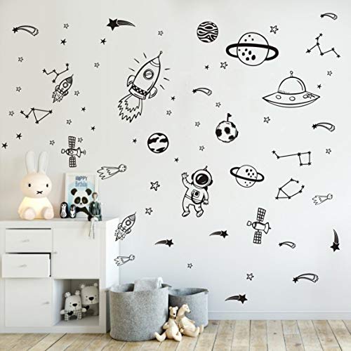 Wall Decor for Boys Room Art Outer Space Star Rockets Planets Stickers Removable Space Wall Decal for Children Bedroom Decoration (Black)