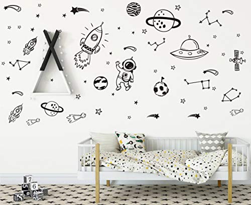 Wall Decor for Boys Room Art Outer Space Star Rockets Planets Stickers Removable Space Wall Decal for Children Bedroom Decoration (Black)