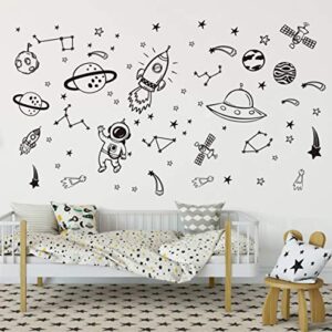 Wall Decor for Boys Room Art Outer Space Star Rockets Planets Stickers Removable Space Wall Decal for Children Bedroom Decoration (Black)