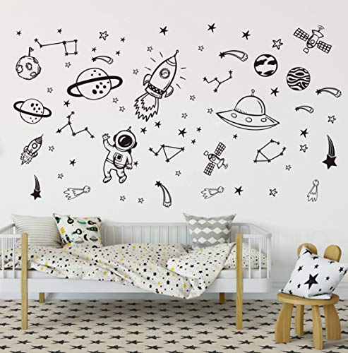 Wall Decor for Boys Room Art Outer Space Star Rockets Planets Stickers Removable Space Wall Decal for Children Bedroom Decoration (Black)