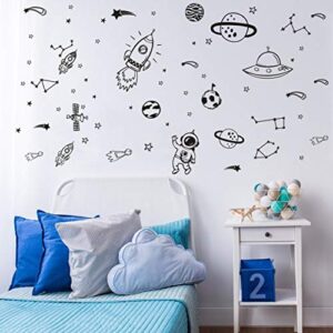 Wall Decor for Boys Room Art Outer Space Star Rockets Planets Stickers Removable Space Wall Decal for Children Bedroom Decoration (Black)