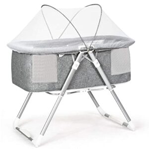 infans 2 in 1 rocking bassinet for newborn baby, one-second fold travel crib with detachable & thicken mattress, height adjustable legs, mosquito net, cradle with rock mode & stationary (gray)