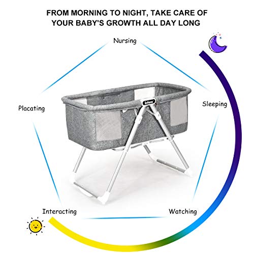 INFANS 2 in 1 Rocking Bassinet for Newborn Baby, One-Second Fold Travel Crib with Detachable & Thicken Mattress, Height Adjustable Legs, Mosquito Net, Cradle with Rock Mode & Stationary (Gray)