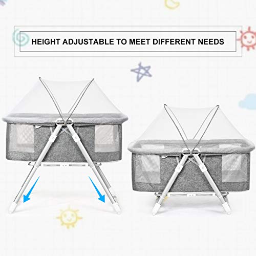 INFANS 2 in 1 Rocking Bassinet for Newborn Baby, One-Second Fold Travel Crib with Detachable & Thicken Mattress, Height Adjustable Legs, Mosquito Net, Cradle with Rock Mode & Stationary (Gray)